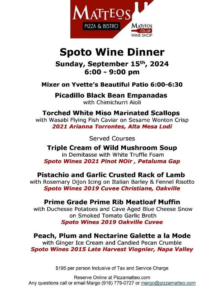 Matteo's Pizza & Bistro - Spoto Winery Wine Paired Dinner Sunday ...