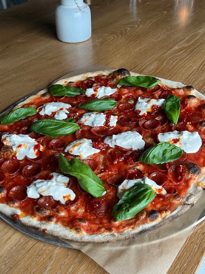 A Dopo Sourdough Pizza - Tonda Tuesday Pepperoni with Burrata and Hot Honey