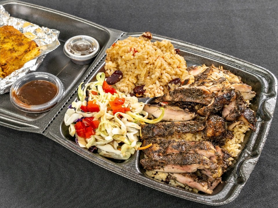 City Jerk Grill - A. Smoked Boneless Jerk Chicken w/ 3 sides, bread & sauce